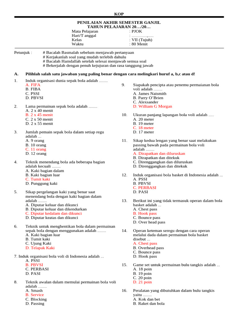 10. Soal PAS PJOK Kelas 7 Semester 1 | PDF