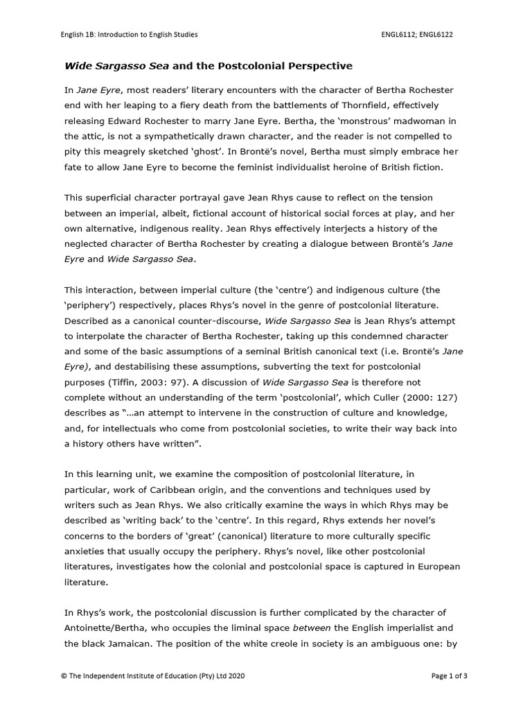 ENGL6112 - ENGL6122 - LU1 - Wide Sargasso Sea and The Postcolonial ...