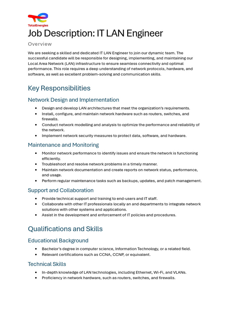 Job Description IT LAN Engineer | PDF | Computer Network | Local Area ...