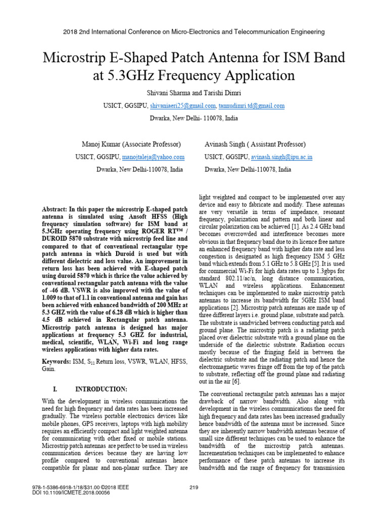 Avinash - Scopus - 2018 - Microstrip E-Shaped Patch Antenna For ISM Band at 5.3GHz Frequency ...