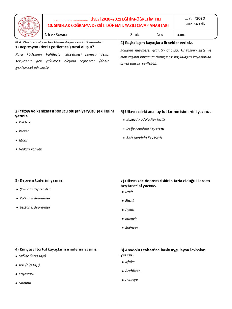 10.sinif Cografya 1. Donem 1. Yazili Sinav Sorulari Ve Cevaplari 2 | PDF