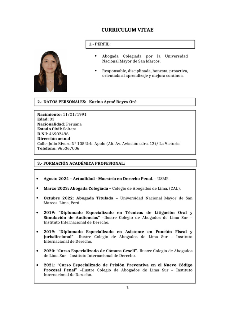 c.v. Karina Reyes - Actualizado - 2024 | PDF | Abogado | Justicia