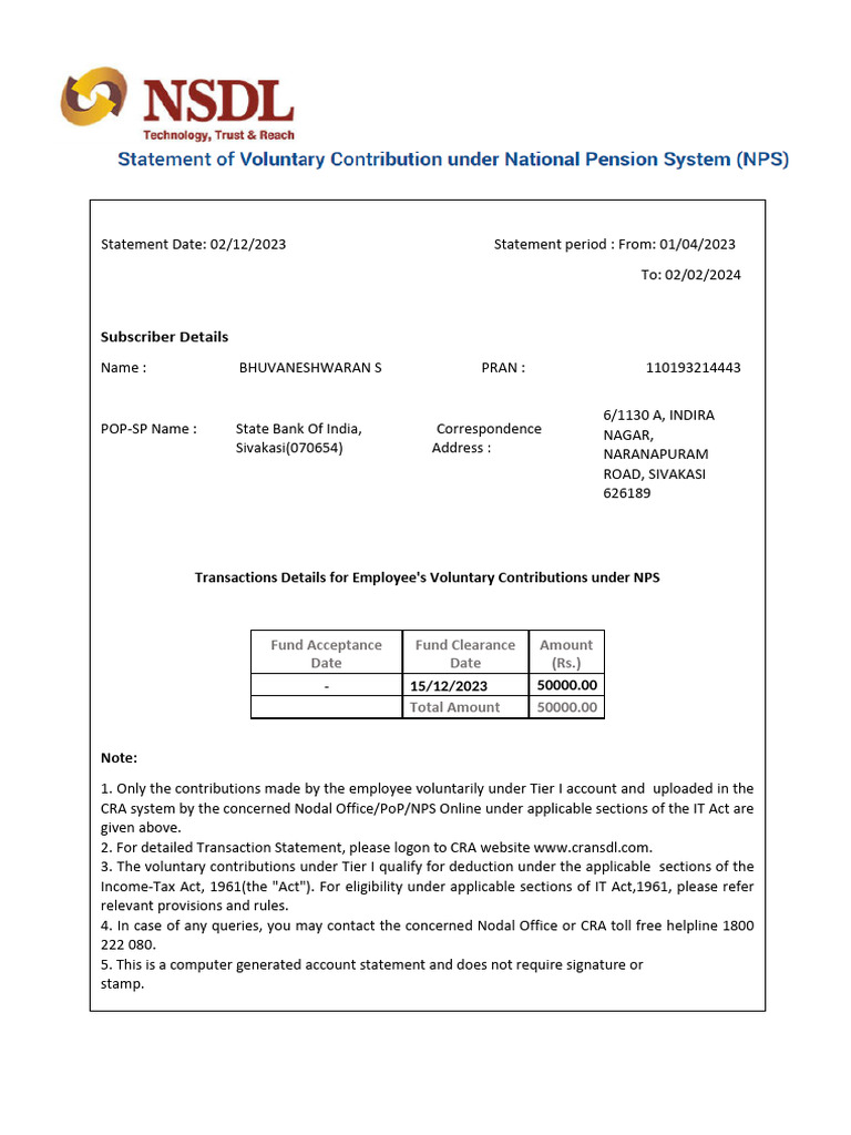 80CCD 1B NPS Contributions Statement | PDF