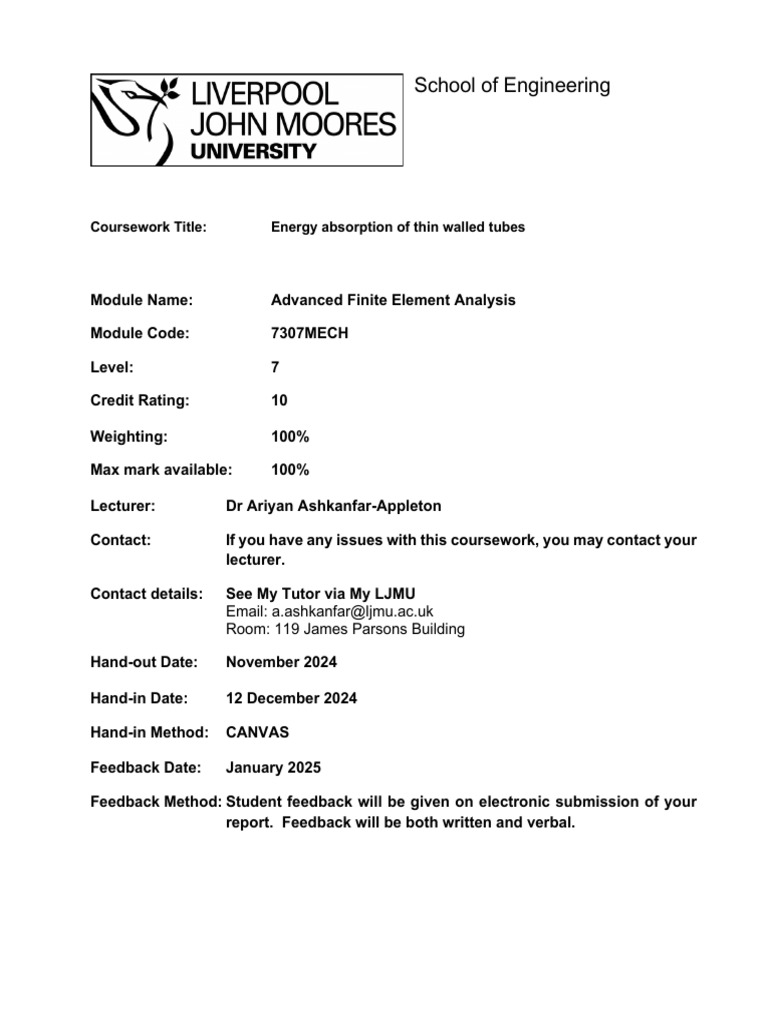 7307MECH Ad-FEA Project 2024-25 | PDF | Finite Element Method ...
