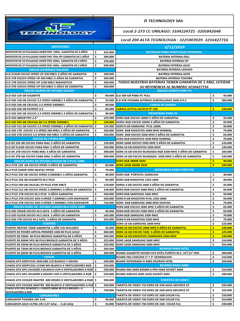 Lista Actualizada 02-12-2024 JF Technology Sas Local 204 - 2-273 | PDF | Unidad de estado sólido ...