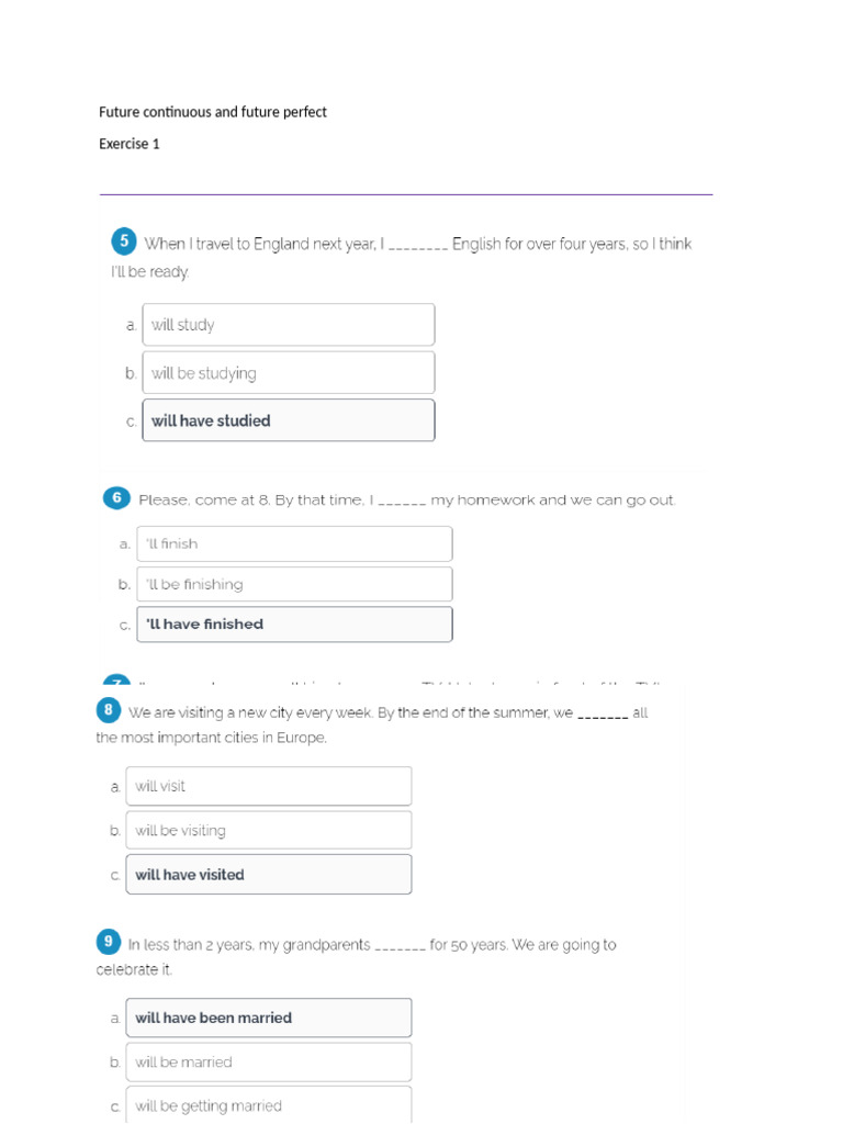 Future Continuous vs. Future Perfect Exercises | PDF
