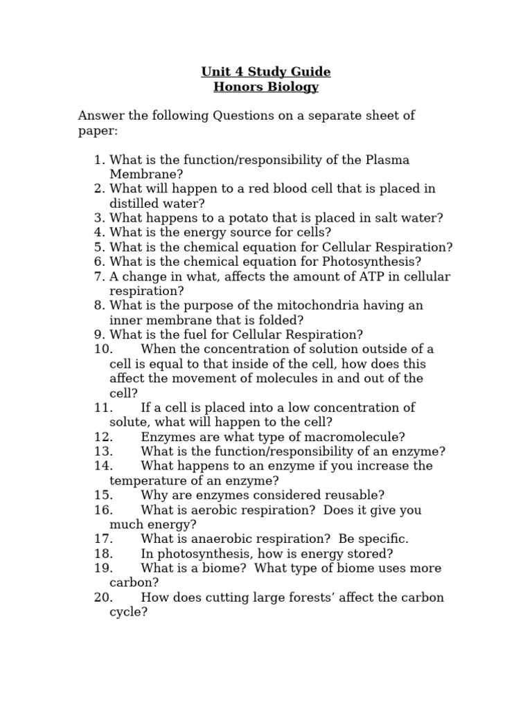 Honors Biology Study Guide | PDF