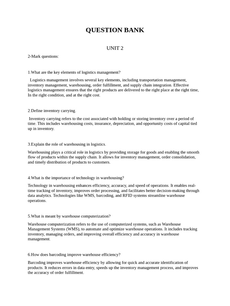 Logistics and SCM Questions Bank Unit 2 | PDF | Warehouse | Forecasting