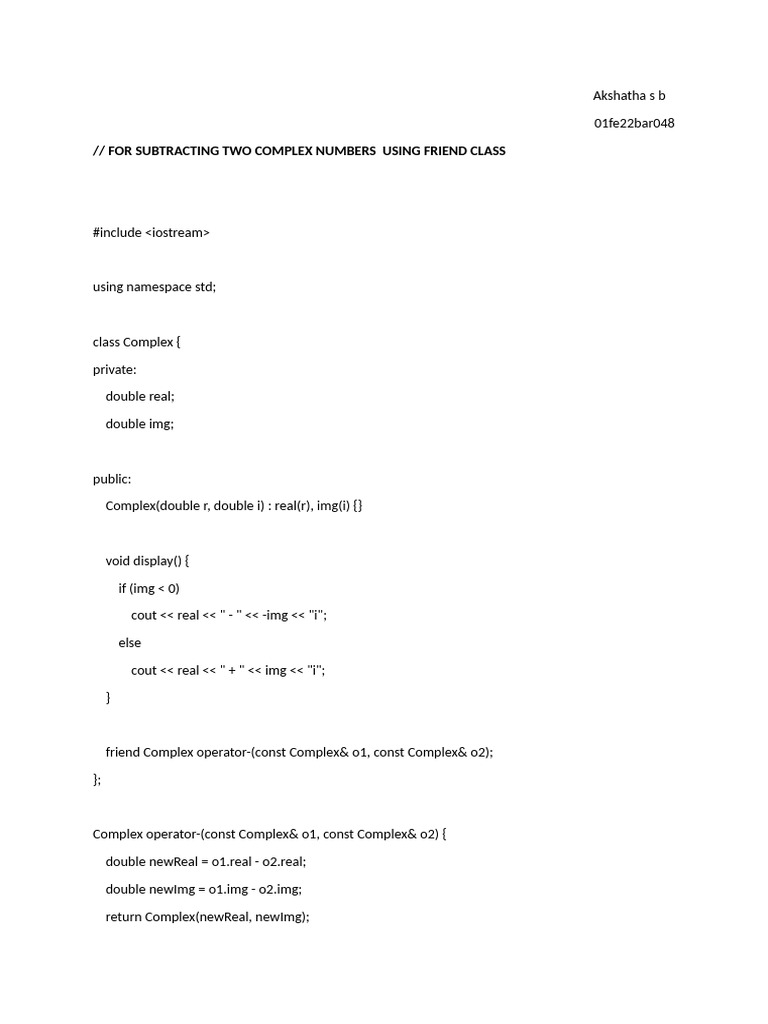 Subtracting Complex Numbers in C++ | PDF