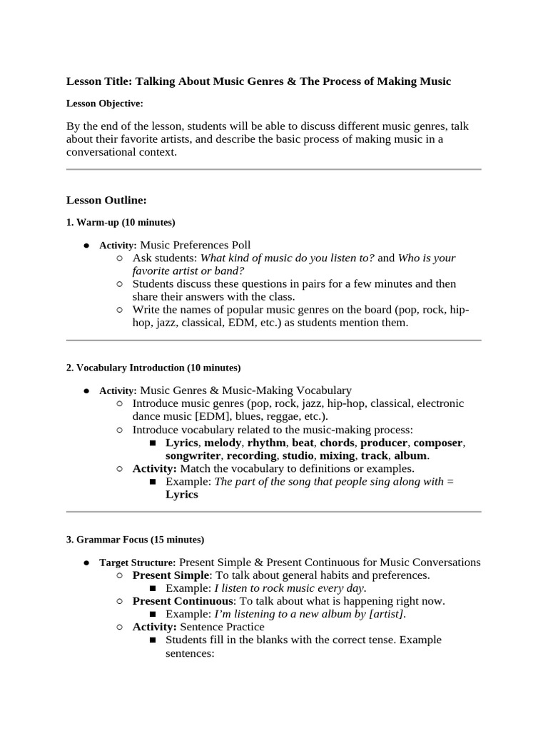 Lesson Title - Talking About Music Genres & The Process of Making Music ...