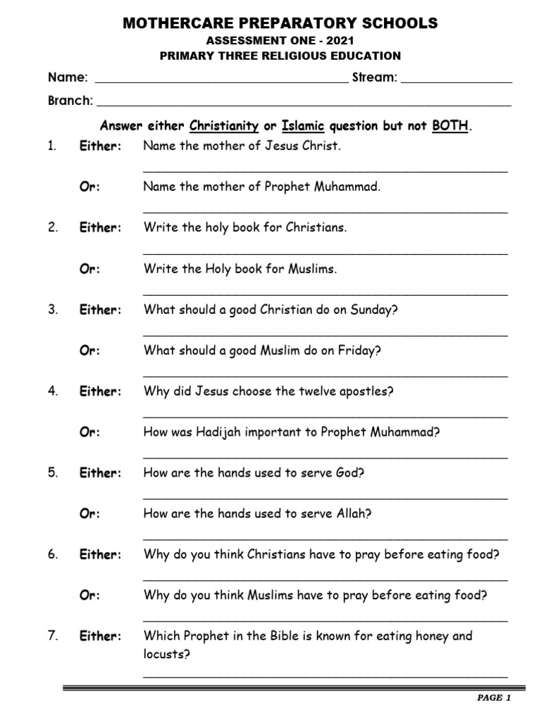 P.3 R.E Revision Set I 2021 Mothercare Preparatory Schools | PDF ...