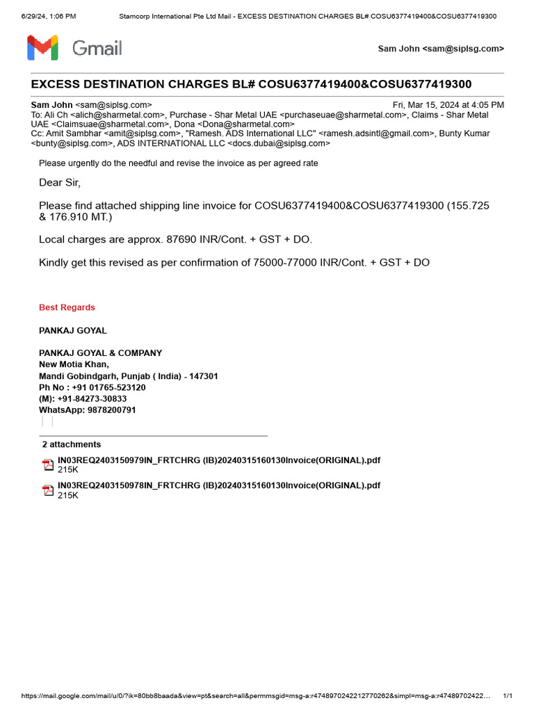 Excess Destination Charges BL# Cosu6377419400&Cosu6377419300 | PDF