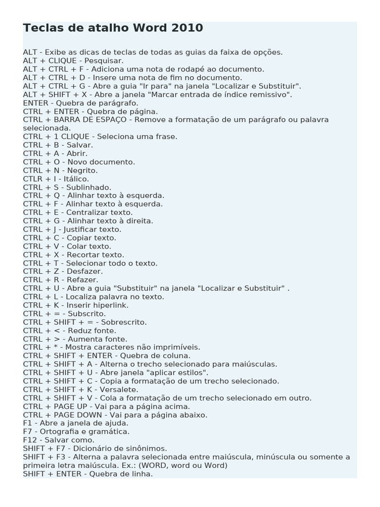 Teclas de Atalho Word 2010 | PDF | Botão Ctrl | Texto