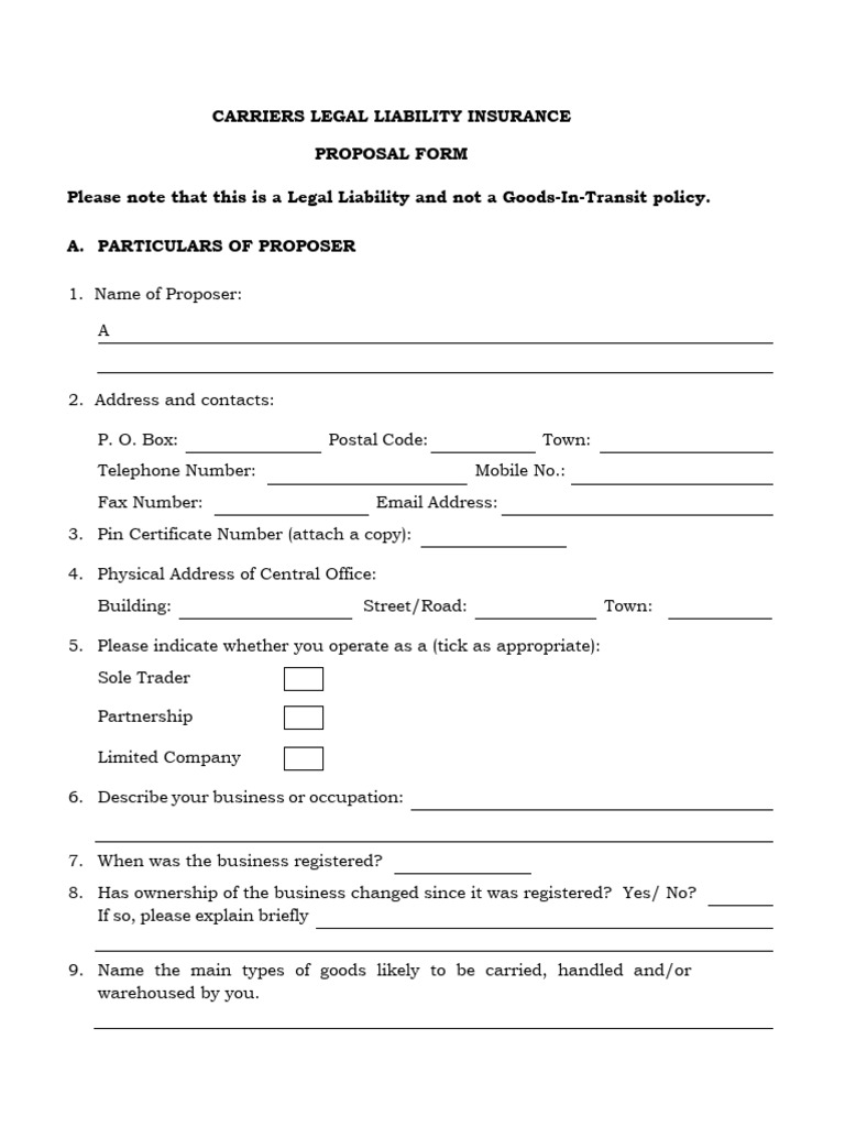 Carriers Legal Liability Insurance Proposal Form | PDF | Insurance ...