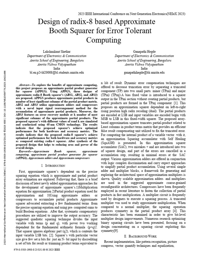 Design of Radix-8 Based Approximate Booth Squarer For Error Tolerant Computing | PDF | Matrix ...