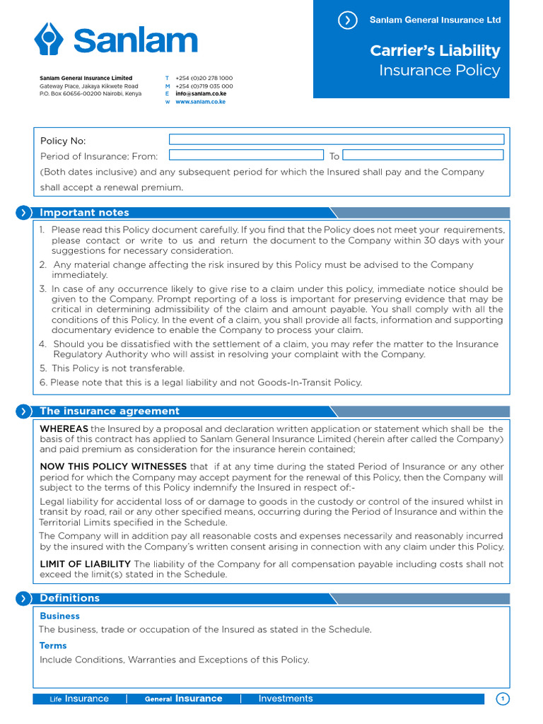 Carrier Liability Insurance Policy Guide | PDF | Insurance | Liability ...