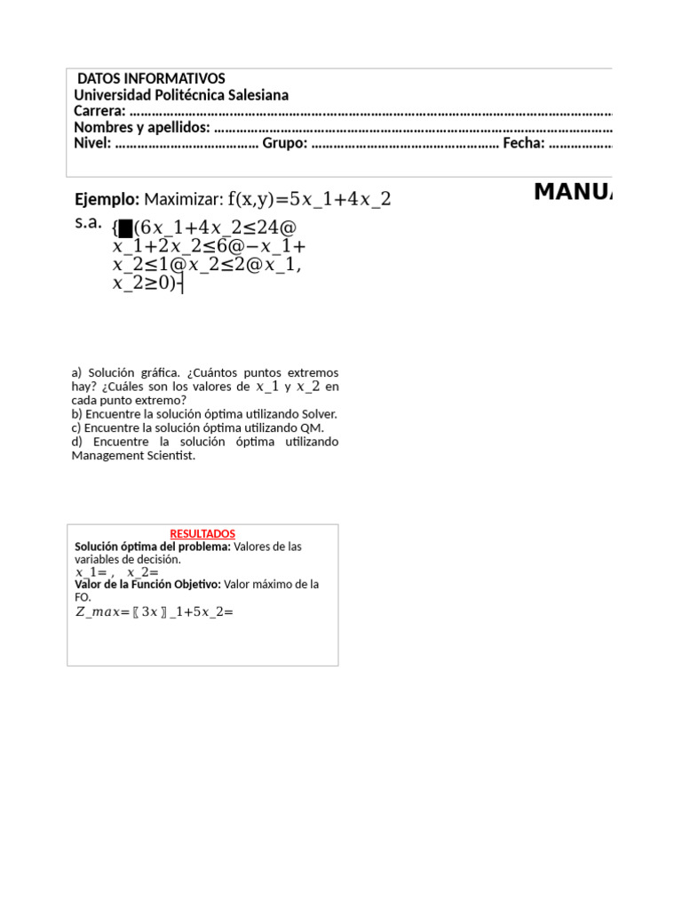 Deber 1. Región Factible Del Modelo Matemático. Solución Manual ...