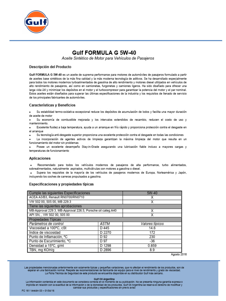 Fórmula G 5W-40 FT | PDF | Turbocompresor | Ingeniería