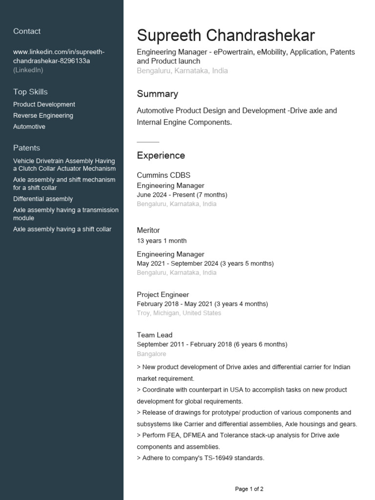 Automotive Engineering Manager Profile | PDF | Axle | Mechanical ...