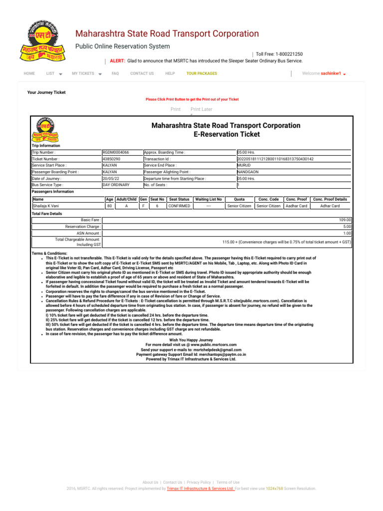 MSRTC - Online Reservation System | PDF | Fare