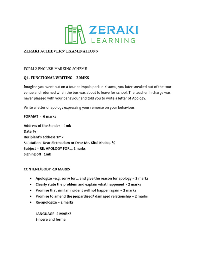 English Form 2 - Zeraki Achievers 2.0 - Marking Scheme | PDF | Pronoun ...