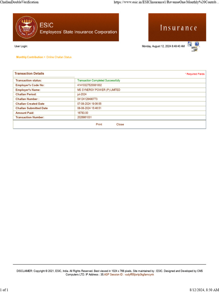 Esi Challan July 2024 | PDF