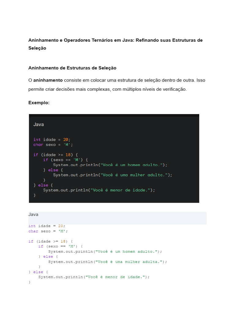Aninhamento e Ternário em Java | PDF | Programação de computadores ...