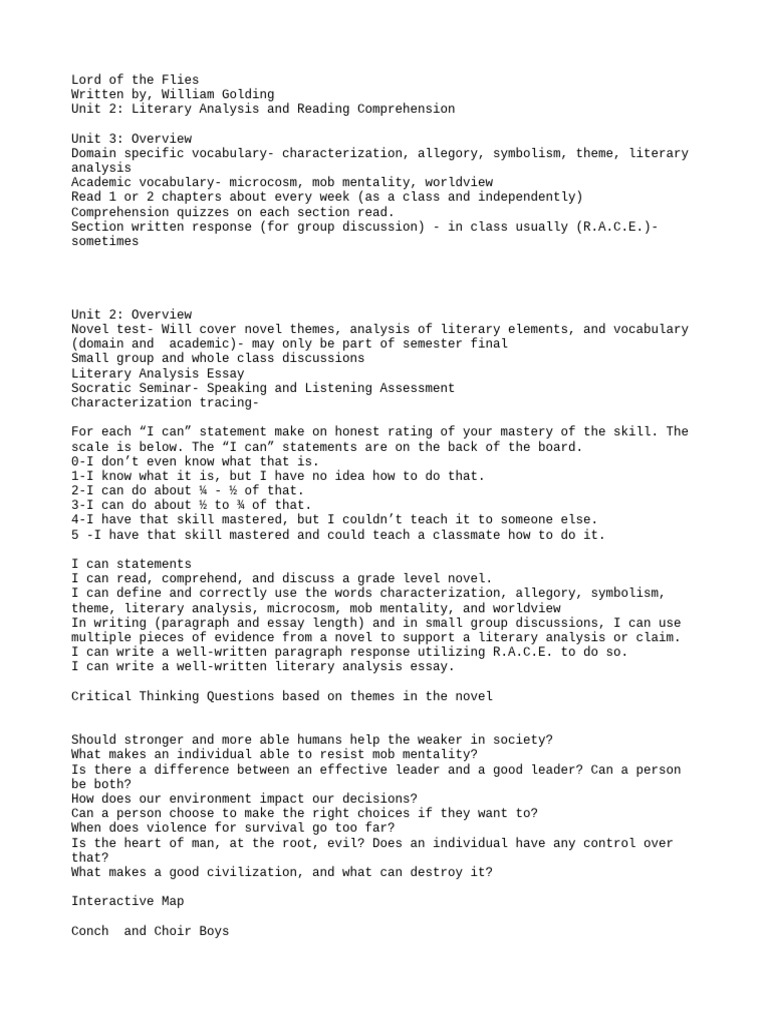 Lord of The Flies Class Unit Guide | PDF | Vocabulary | Reading ...