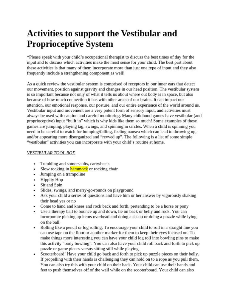 Peds Activities To Support The Vestibular and Proprioceptive System ...