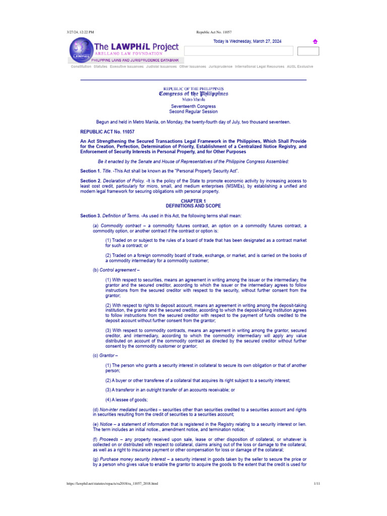 Republic Act No. 11057 - PPSA | PDF | Security Interest | Securities (Finance)