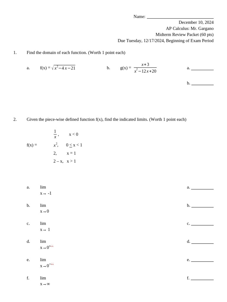 AP Calculus Midterm Review | PDF | Function (Mathematics ...