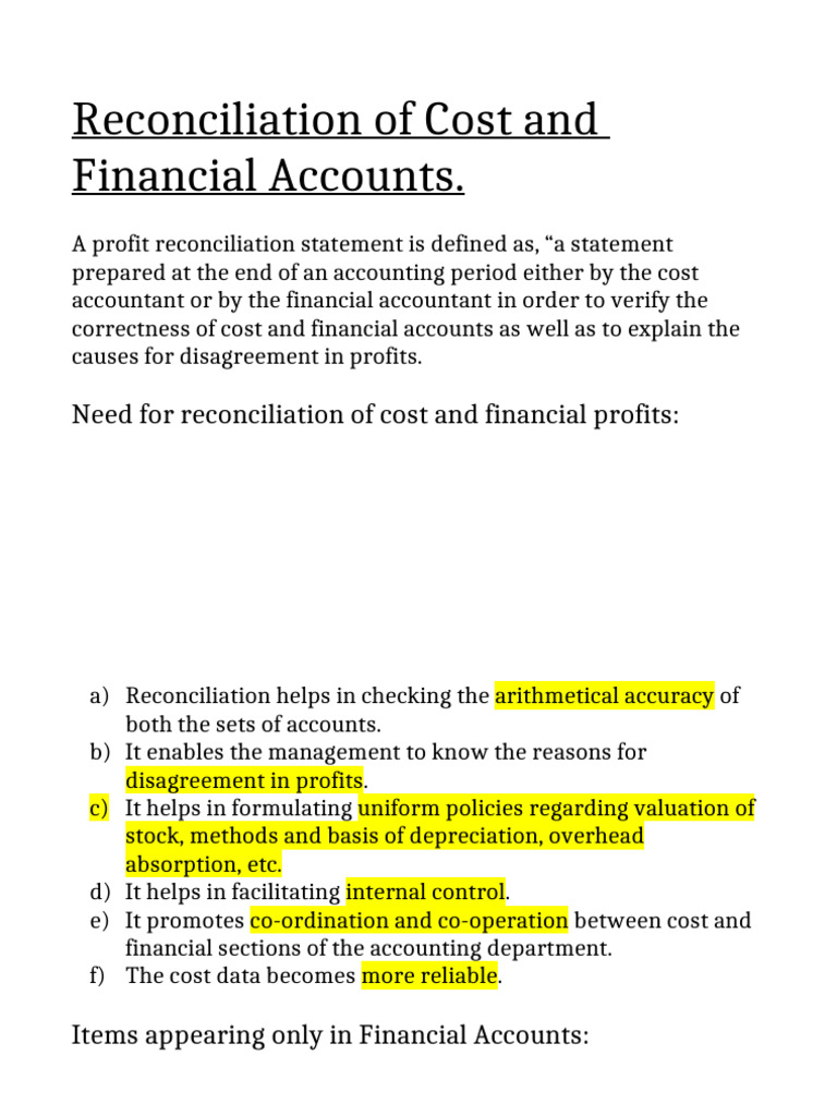 Reconciliation of Cost and Financial Accounts | PDF | Depreciation ...