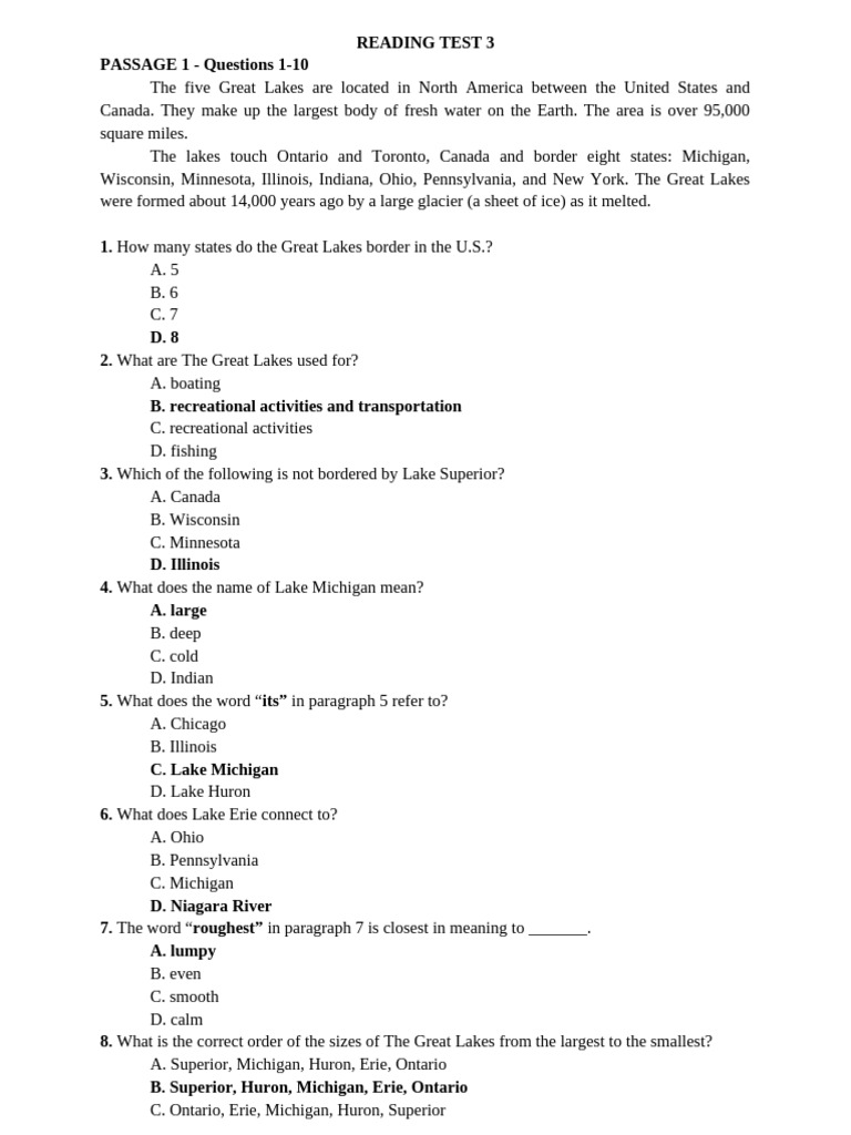 Reading 3 - Answer | PDF | Great Lakes | Learning