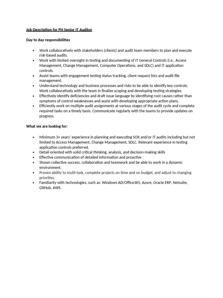 PH Senior IT Auditor Job Description | PDF