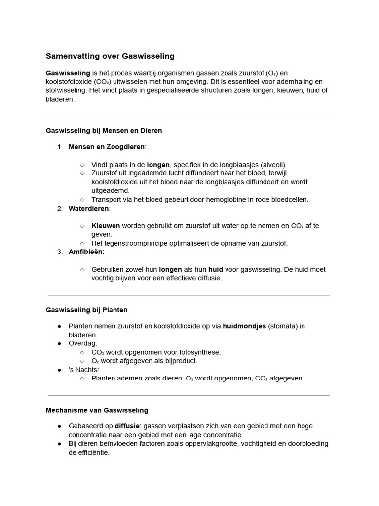 Gaswisseling - samenvatting | PDF