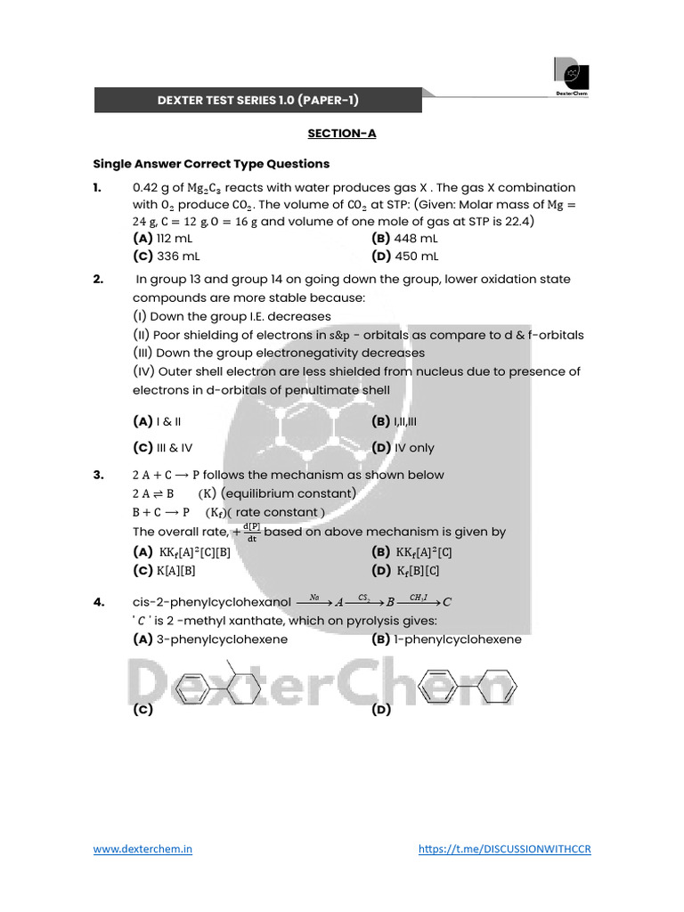 Dexter Test Series 1.0: Chemistry Questions | PDF | Ammonium | Chlorine