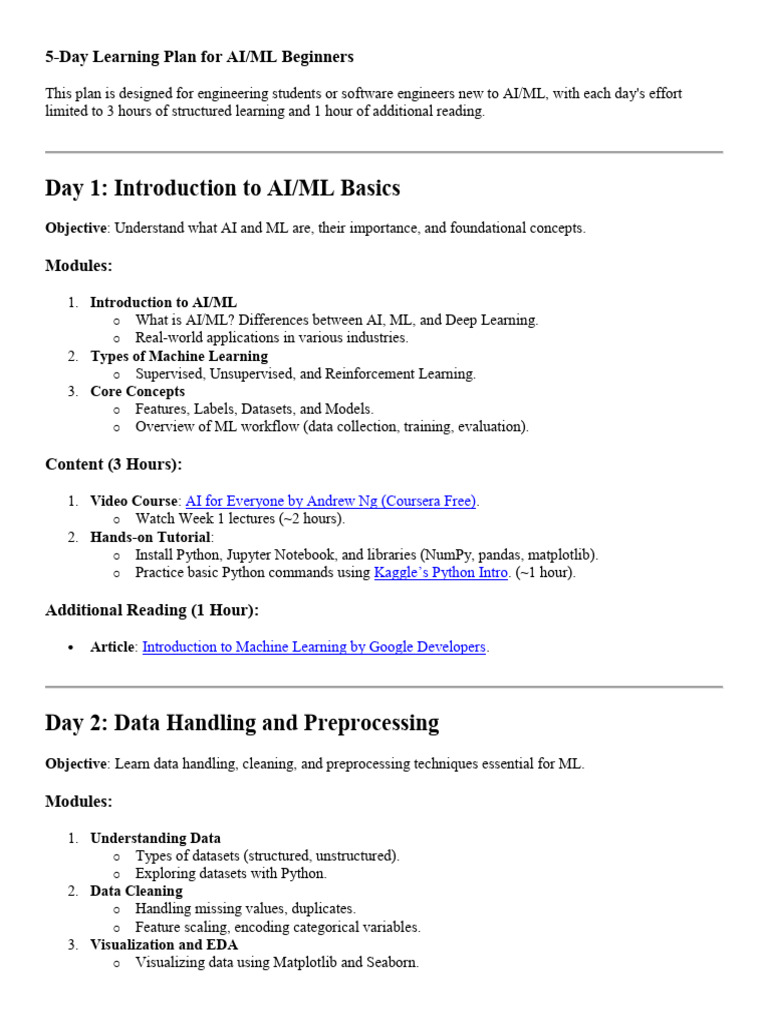 AI ML 5day Learning Plan | PDF | Artificial Neural Network | Machine ...
