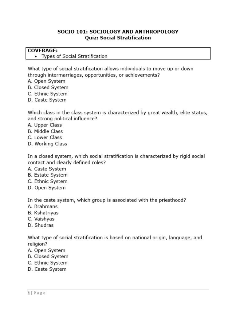 Quiz on Types of Social Stratification | PDF | Social Mobility | Social ...