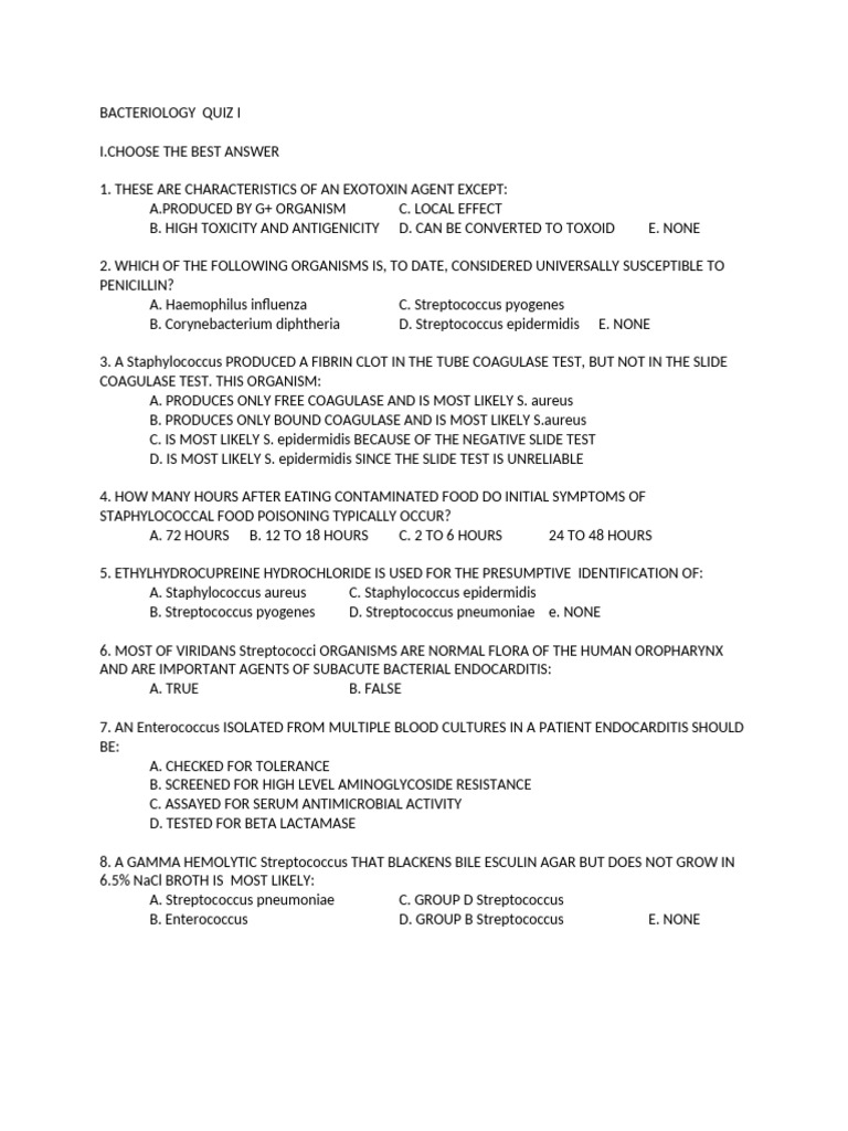 Bacteriology Quiz I Nov 2021 | PDF | Streptococcus | Staphylococcus Aureus