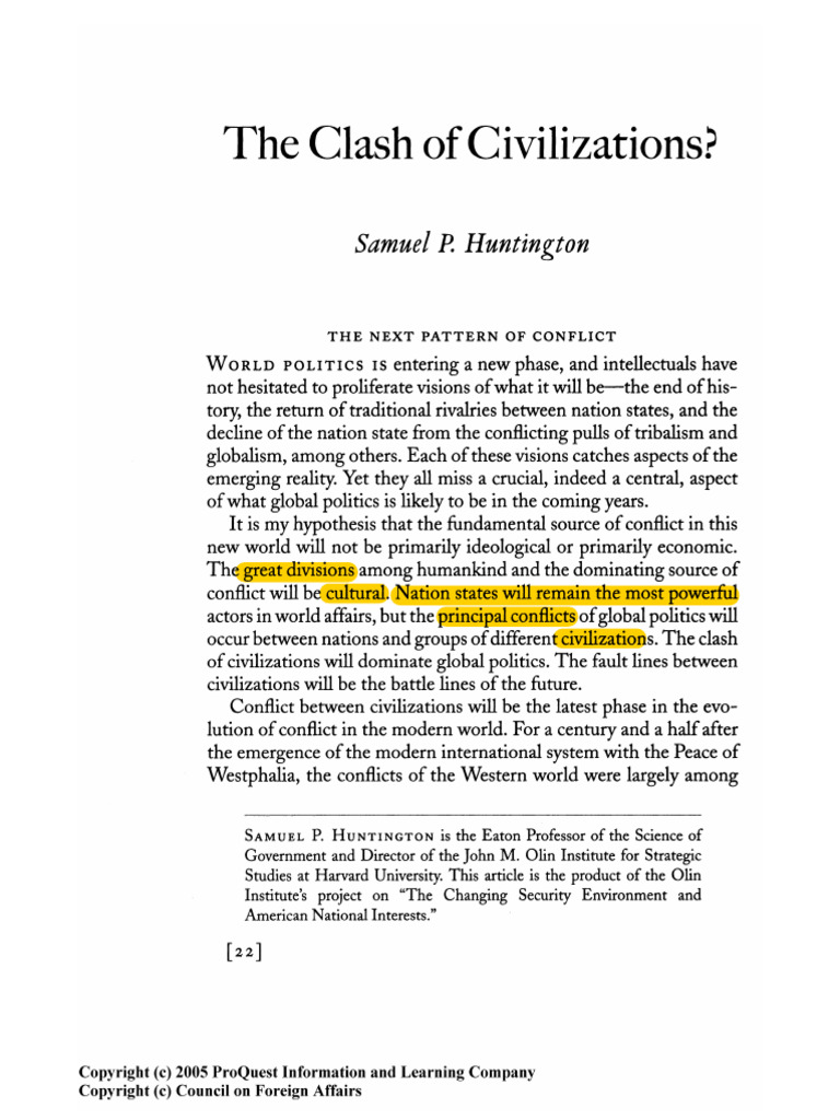 Huntington 1993 The Clash of Civilizations | PDF | Philosophical ...