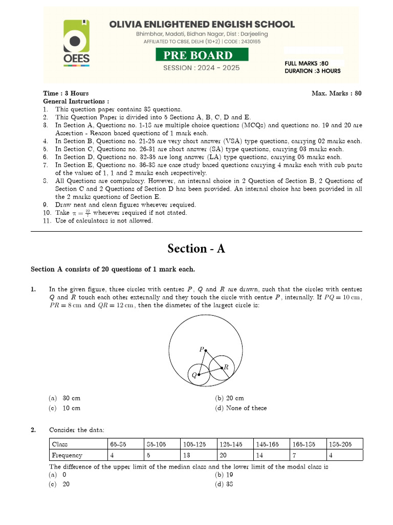 Pre Board Mathematics Standard Set 2 | PDF | Triangle | Zero Of A Function