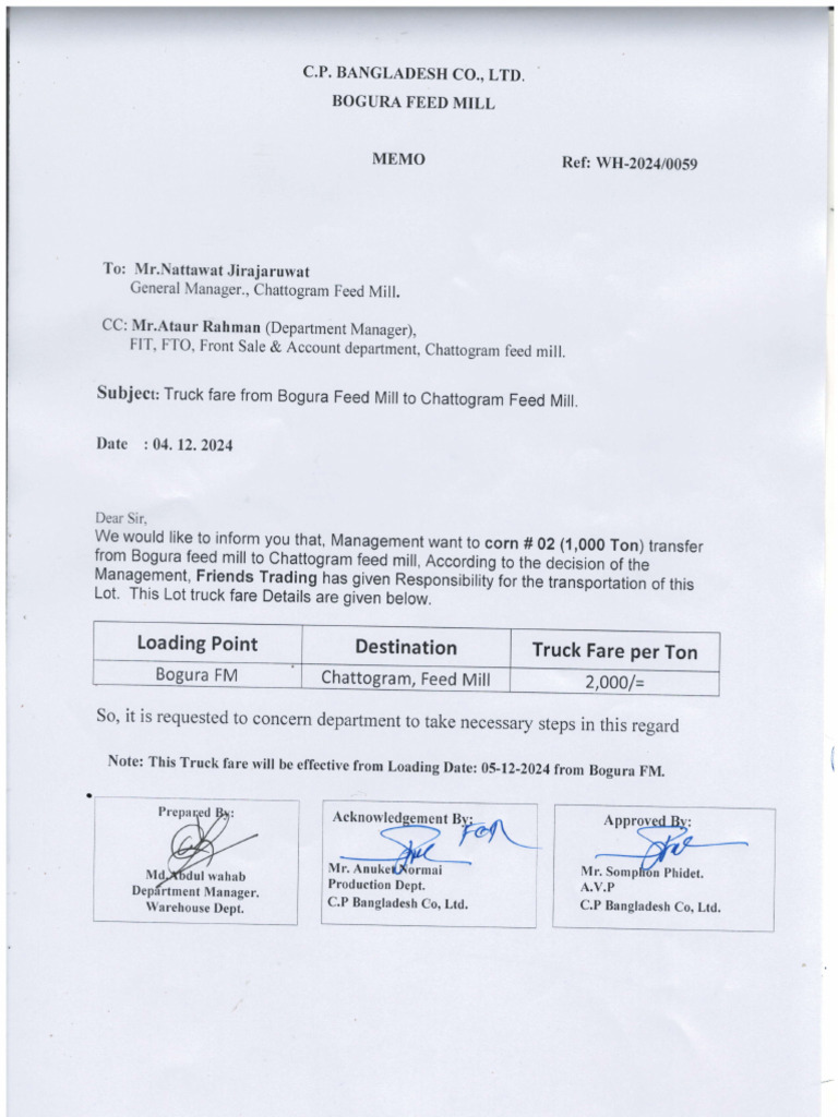 Truck Fare Memo: Bogura to Chattogram | PDF