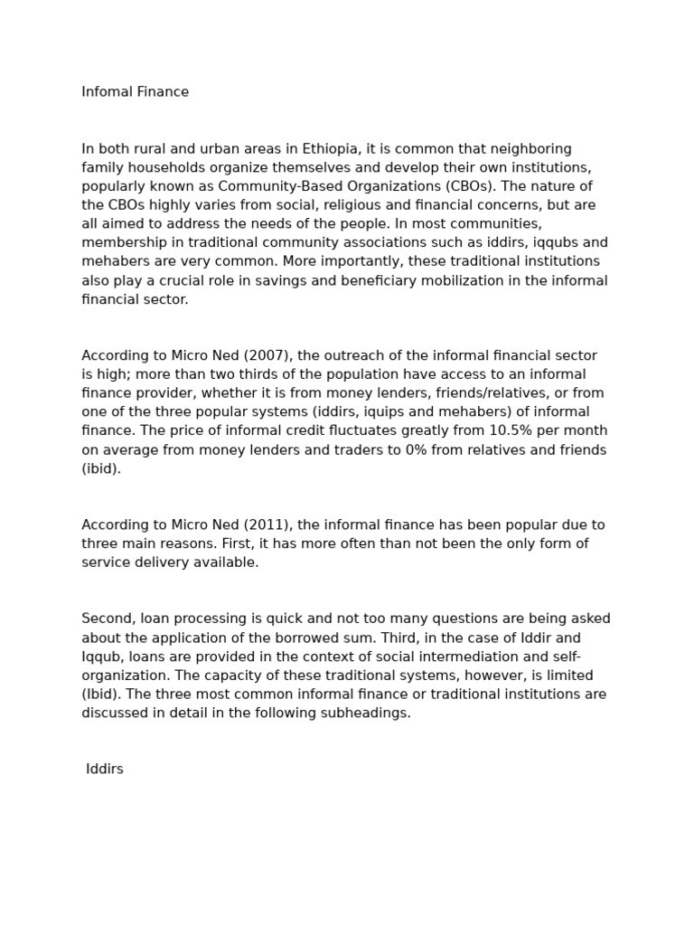 Informal Finance in Ethiopia: CBOs Explained | PDF | Loans | Insurance