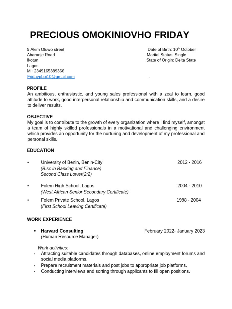 FRIDAY O. Precious CV | PDF | Brand | Recruitment