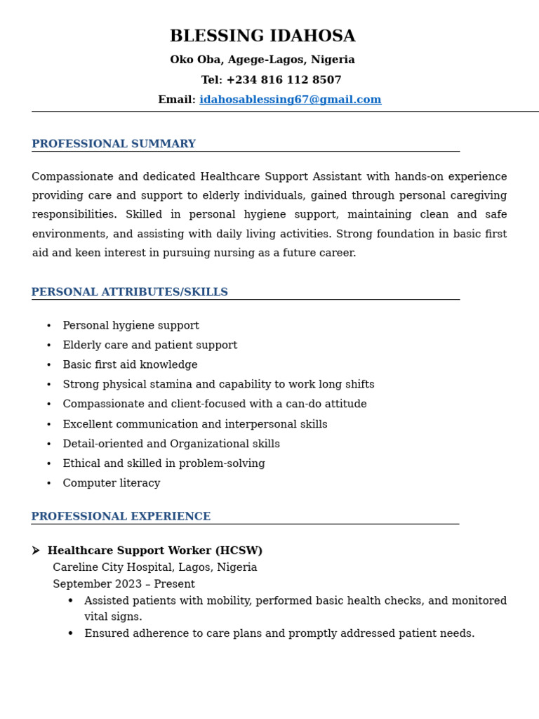 Blessing Idahosa CV | PDF | Caregiver | Health Care