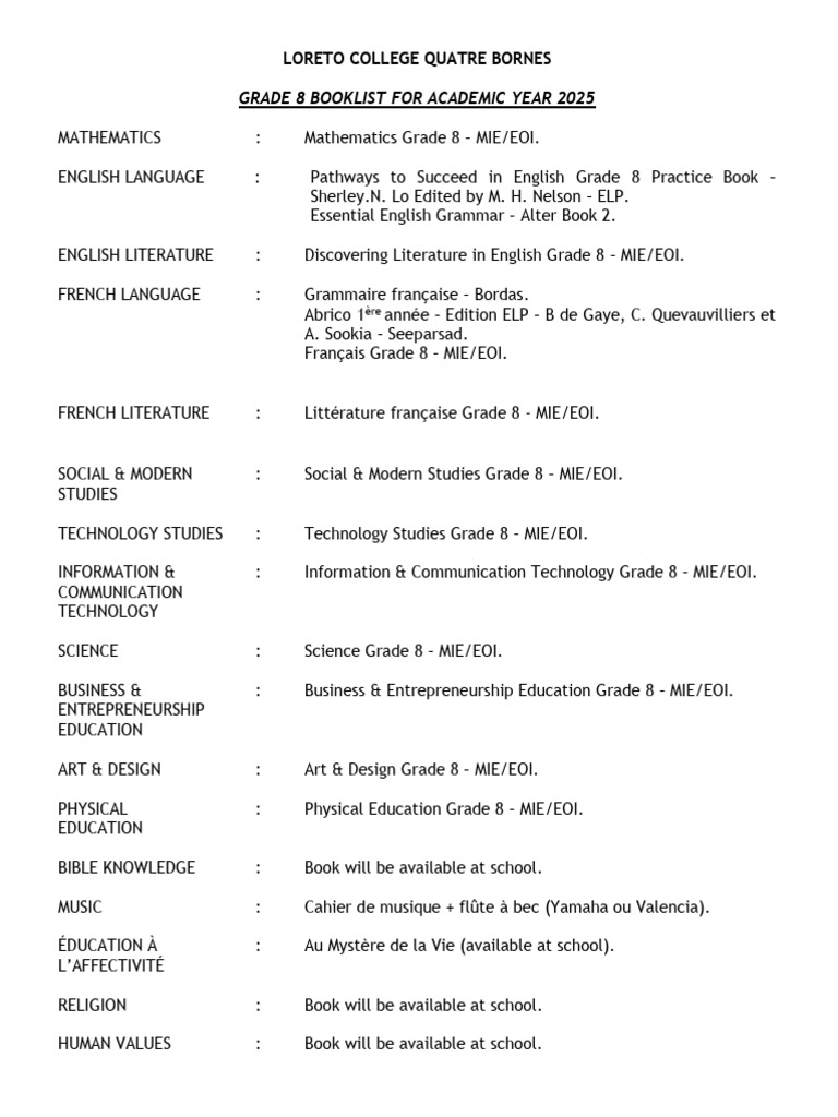 Grade 8 Booklist For Academic Year 2025 | PDF