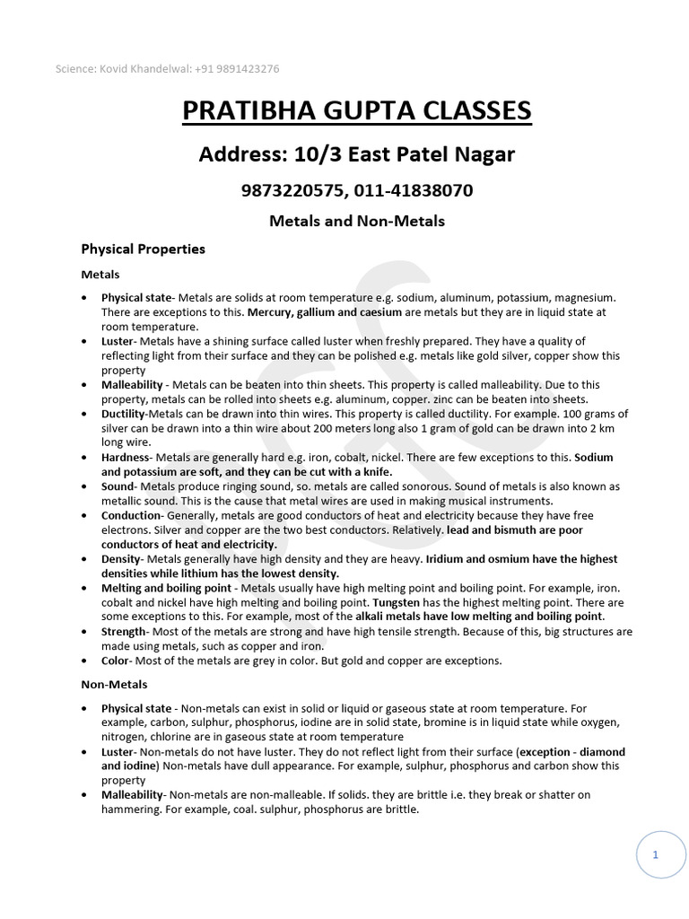 Metals and Non Metals Notes PGC | PDF | Metals | Aluminium