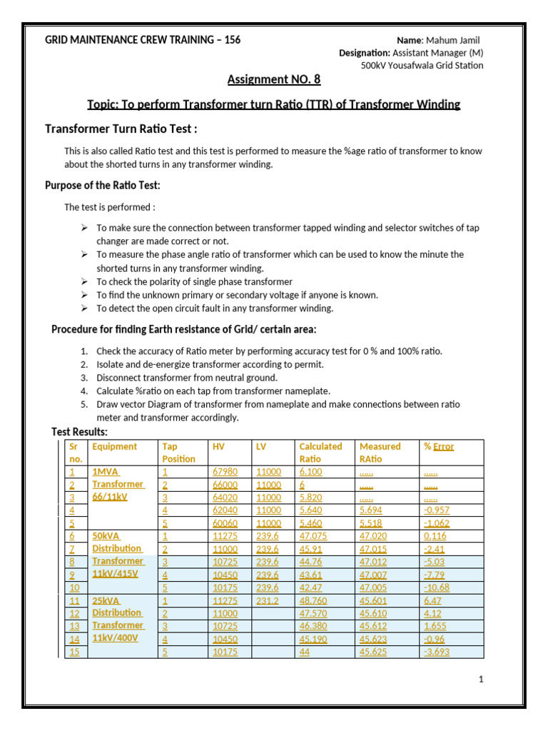 TTR Lab Test | PDF | Transformer | Physical Quantities
