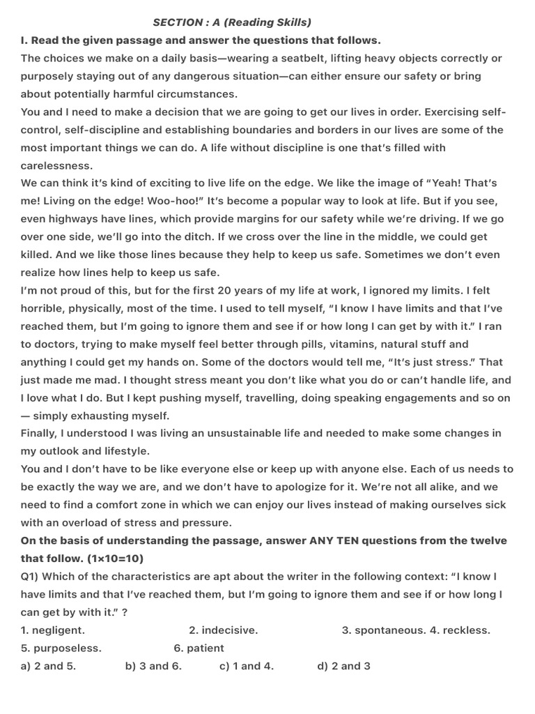 SECTION A (Reading Skills) | PDF