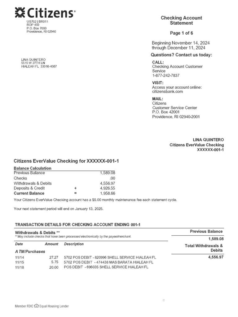 Citizens 2976 Statements 2024-12-11-1 | PDF | Credit Card | Overdraft